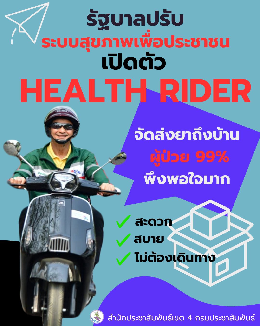 รัฐบาลปรับระบบสุขภาพเพื่อ ปชช. เปิดตัว Health Rider จัดส่งยาถึงบ้าน ผู้ป่วย 99% พึงพอใจมาก